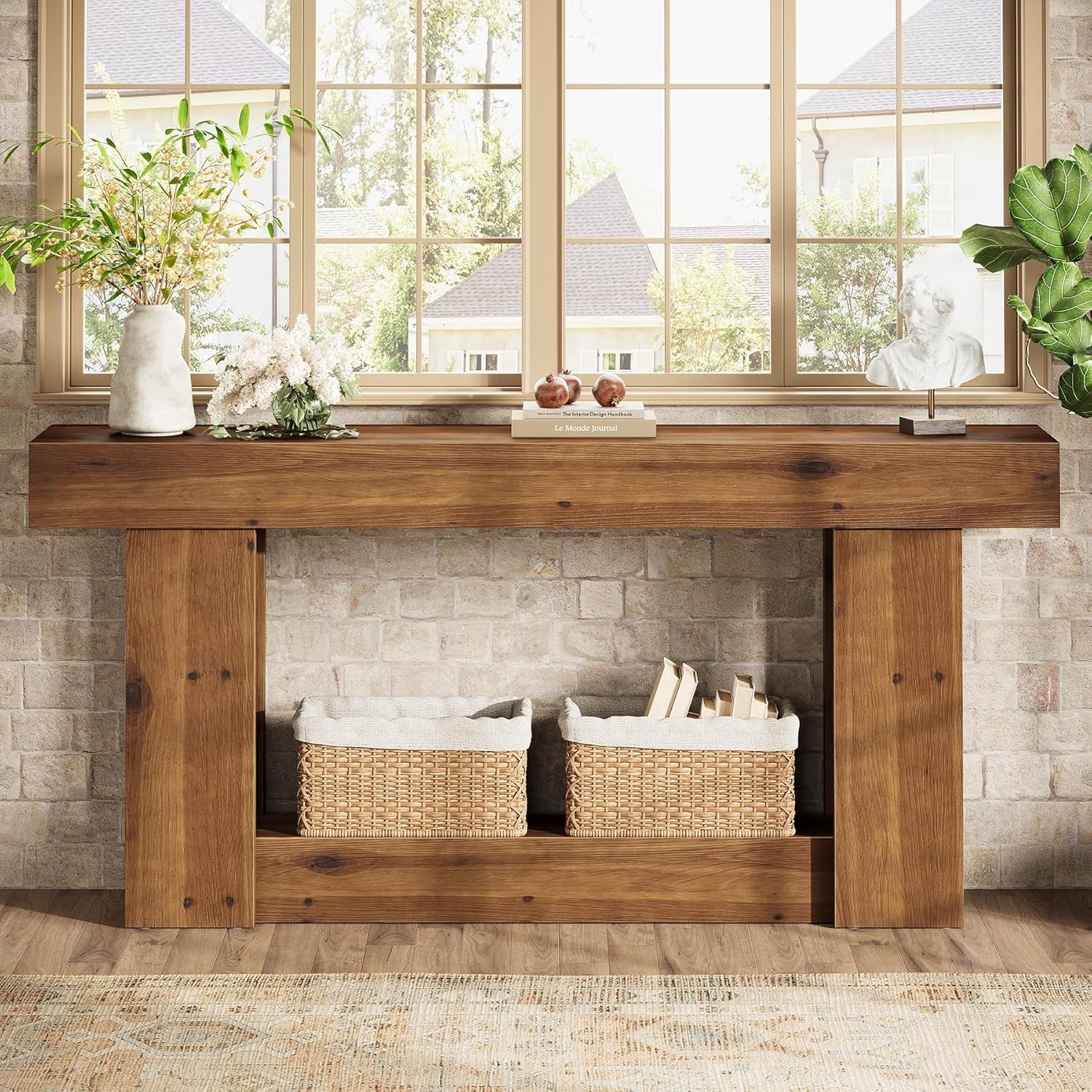 63-Inch Console Table, Farmhouse Solid Wood Entryway Table with U-Shap ...