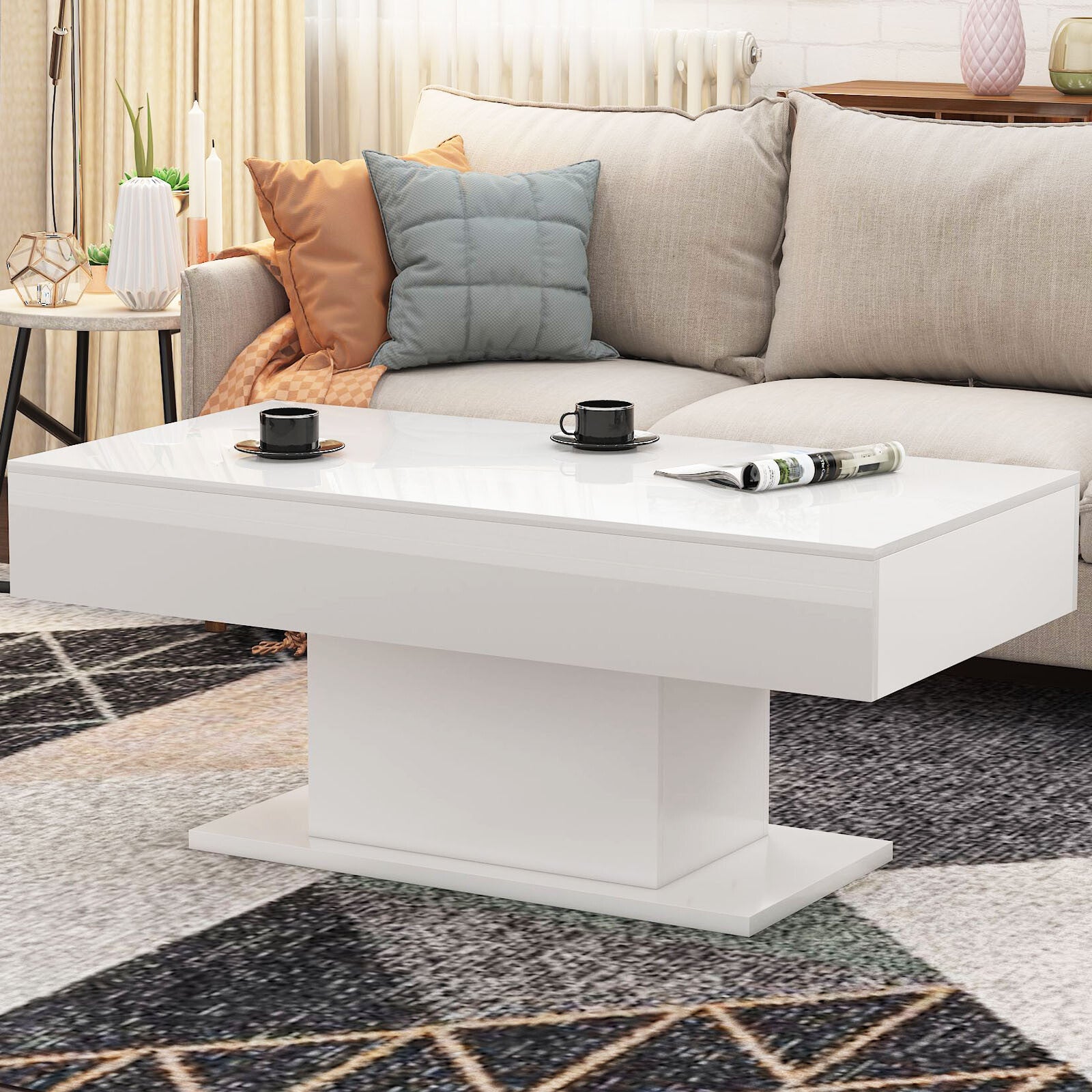 High Gloss Coffee Table with LED Light Rectangle Living Room Furniture ...