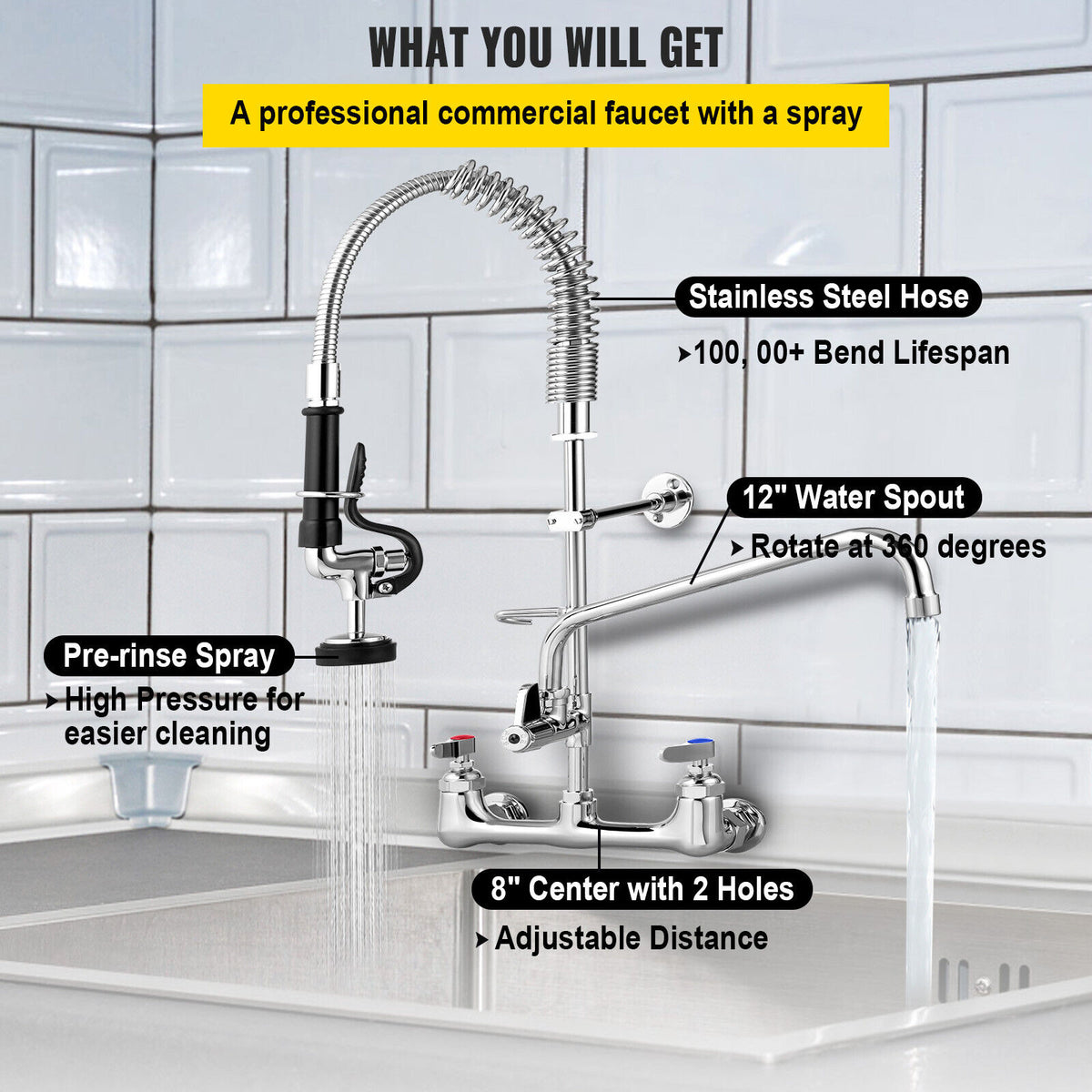 VEVOR Commercial Kitchen Pre-Rinse Faucet Spray Tap Arm Twin Pedestal ...