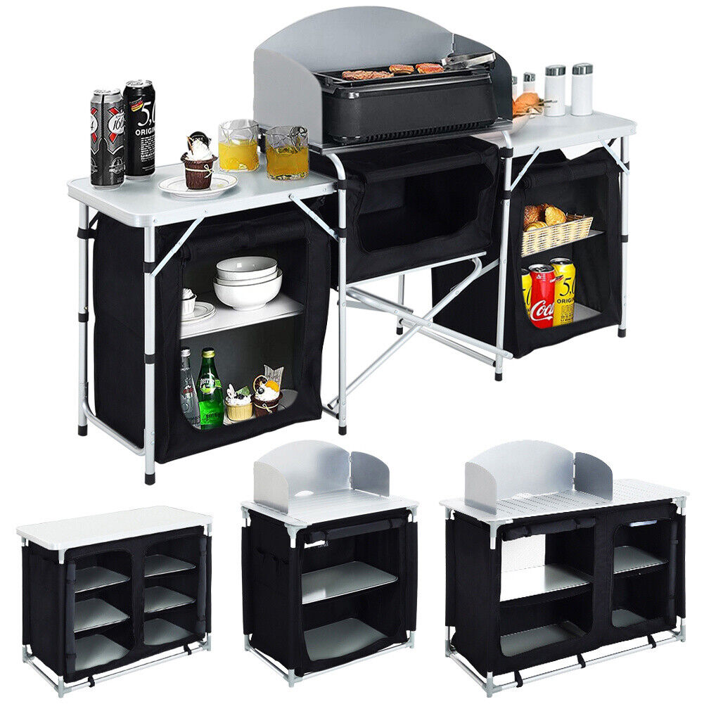 Folding Camping Kitchen Portable Windshield Cooking Table Picnic Stora ...