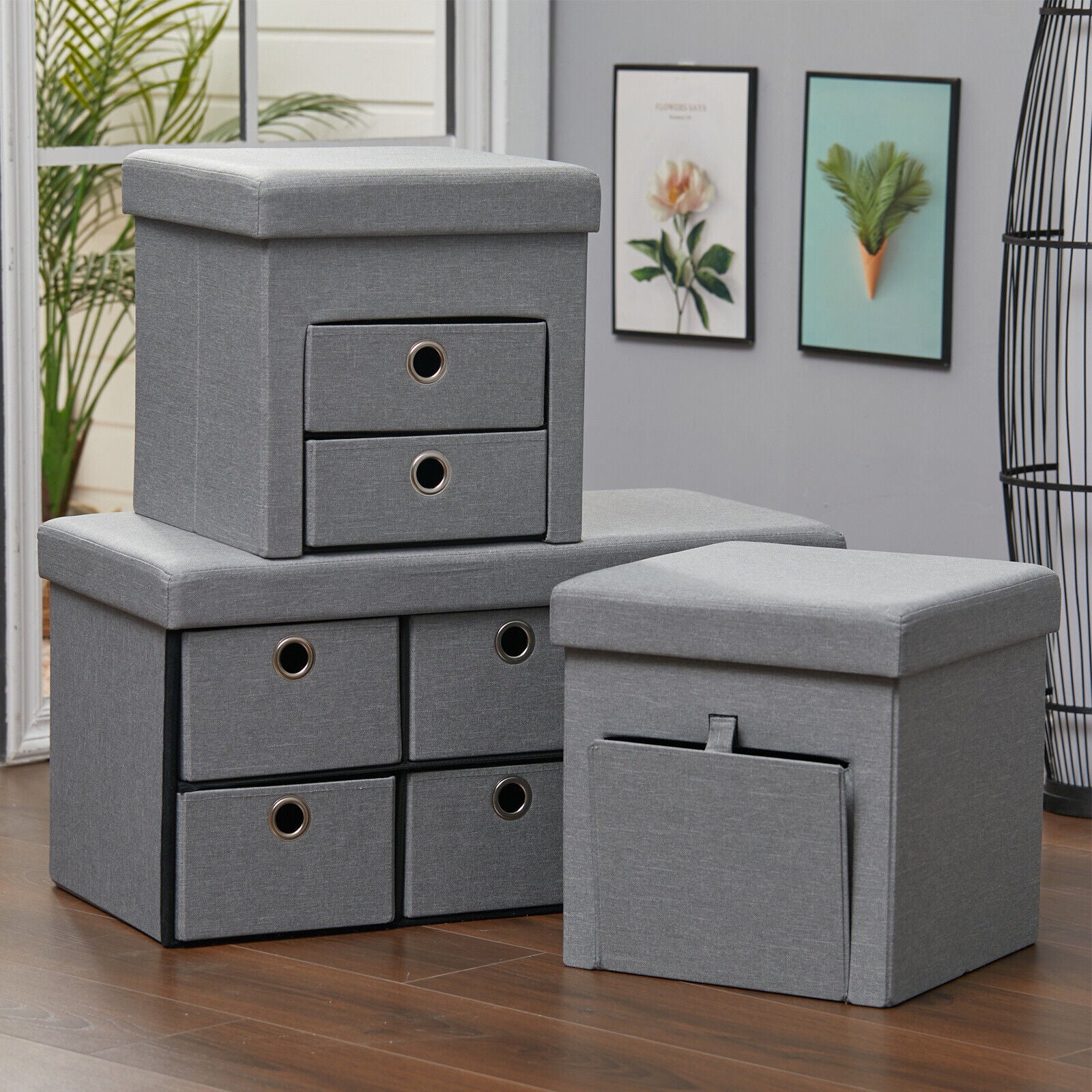 Padded Storage Stool Ottoman Box Drawers Folding Chair Bench Footstool ...