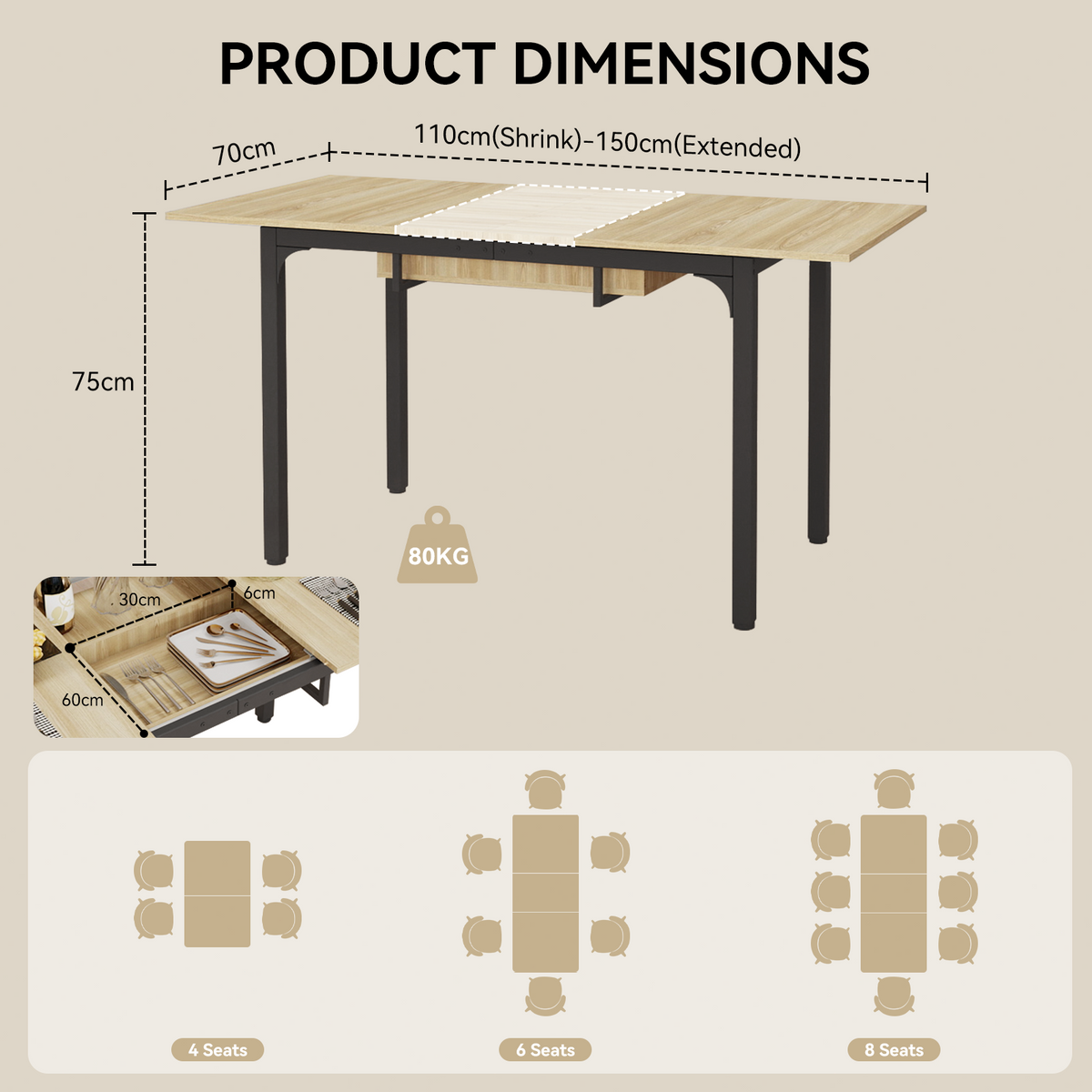 Wooden Expandable Dining Table with Storage Large Kitchen Desk Space S ...
