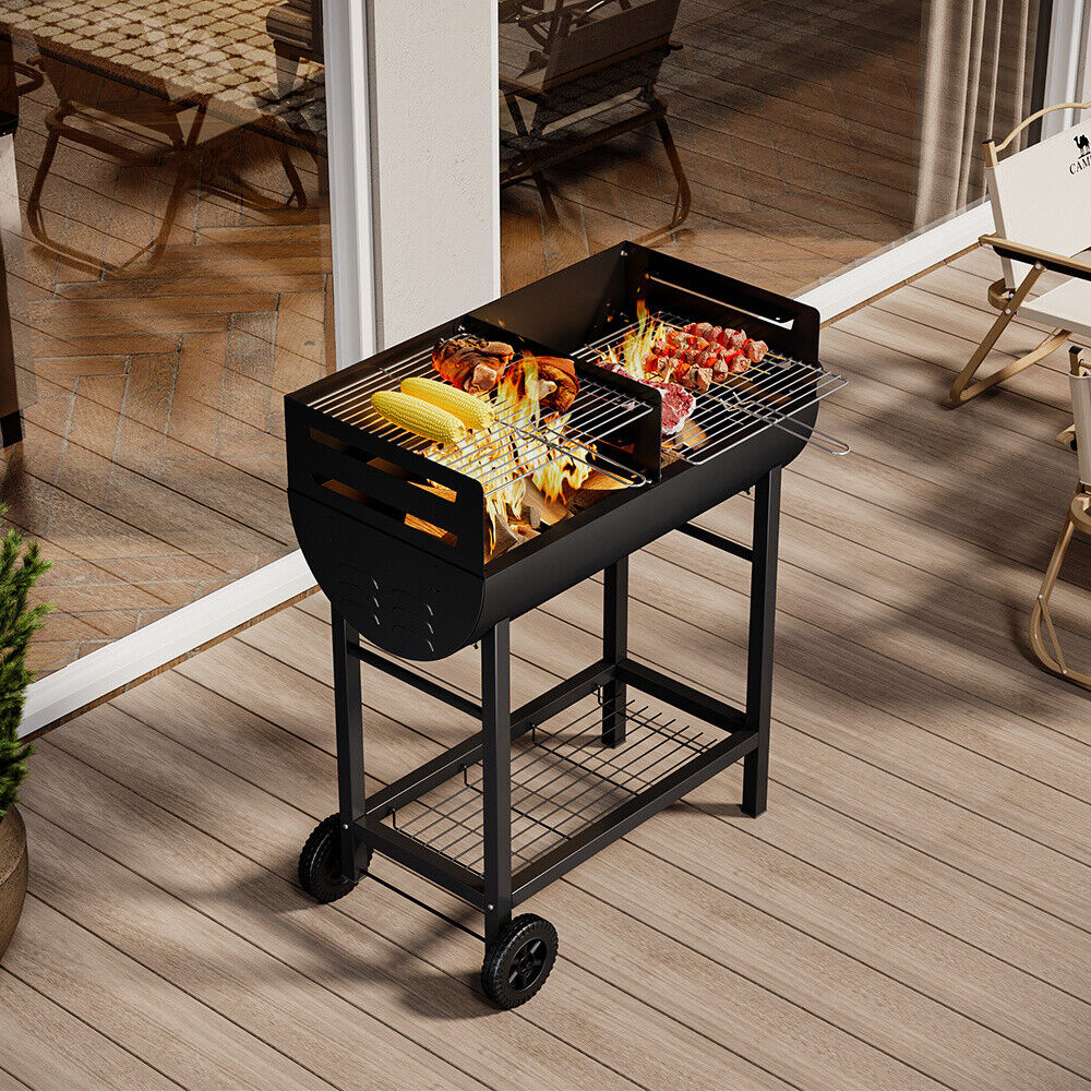 Portable Half Open Drum Barrel Barbecue w/Adjustable Grills&Shelf&Whee ...