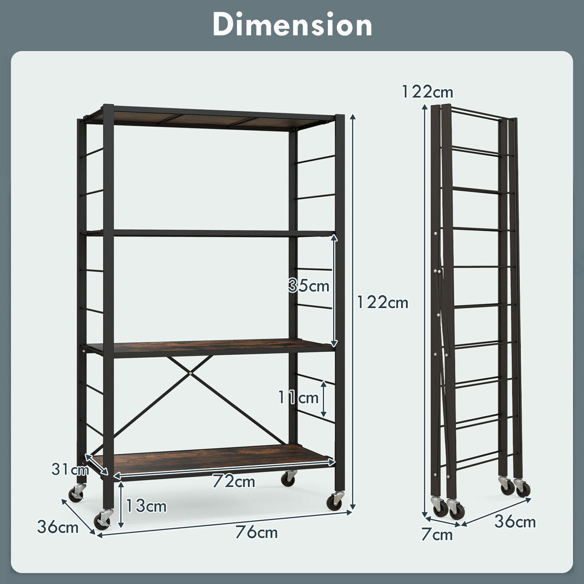 4-Tier Portable Storage Rack Shelves Foldable Shelving Unit w/Lockable ...