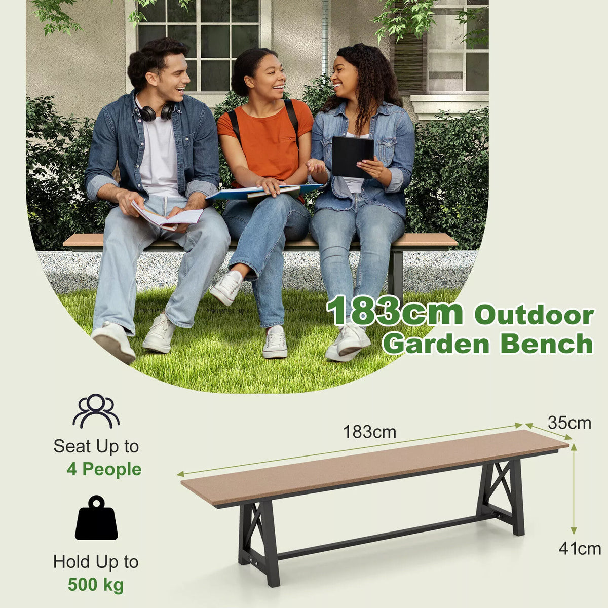 4-Person Outdoor Long Chair Weatherproof HDPE Garden Backless Long Ben ...