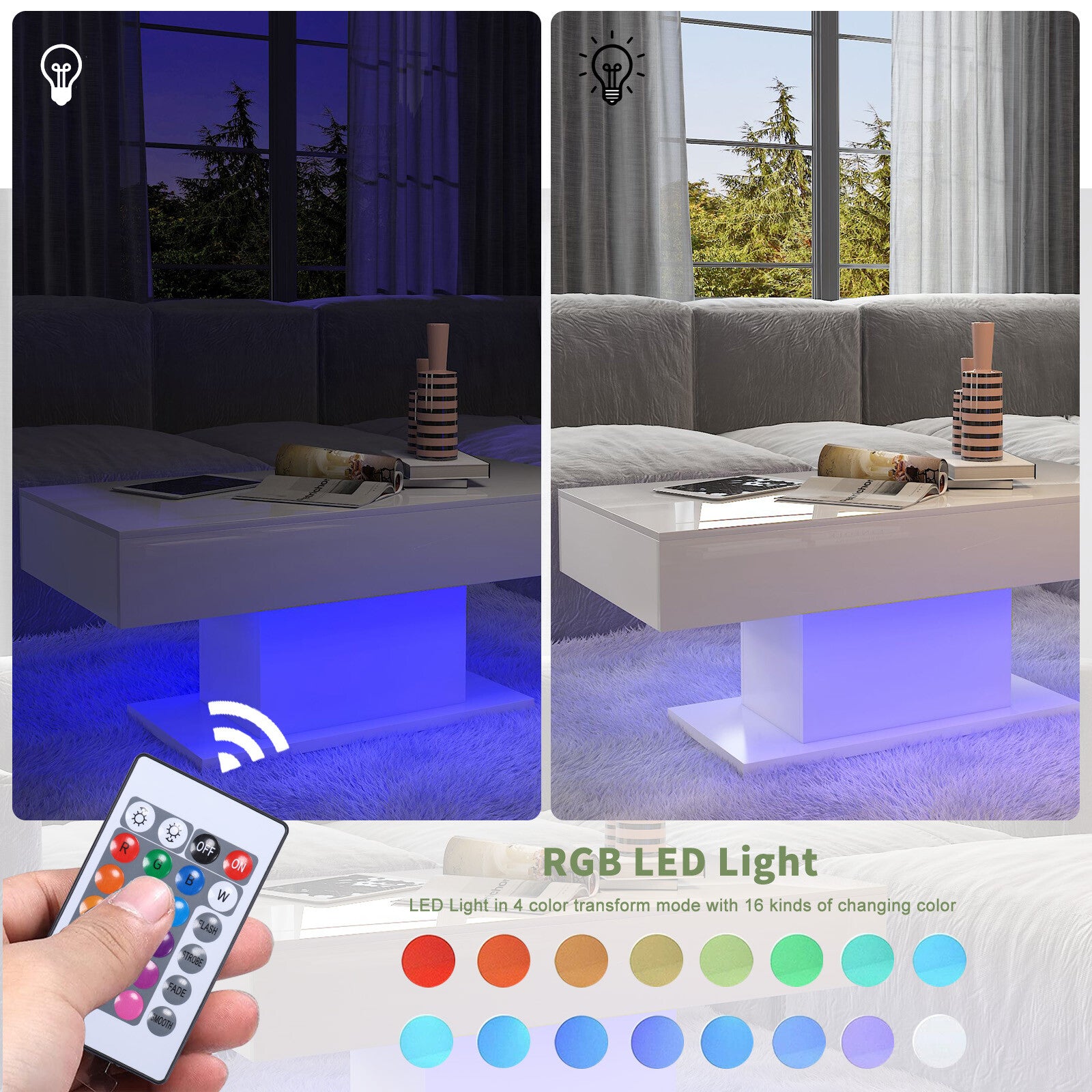 High Gloss Coffee Table with LED Light Rectangle Living Room Furniture ...