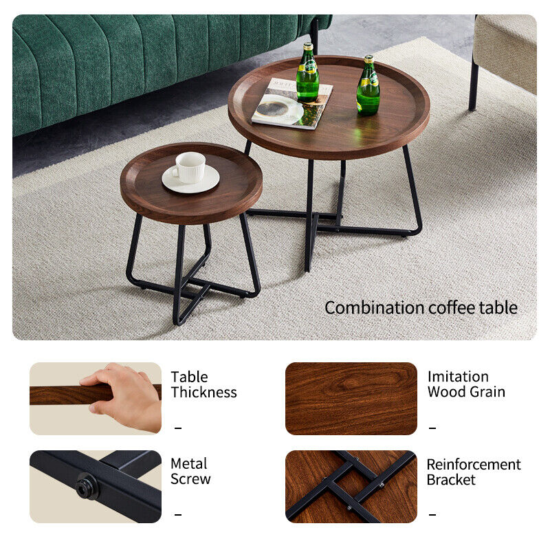 Double Round Coffee Table Set Elegant Brown Living Room – Quildinc