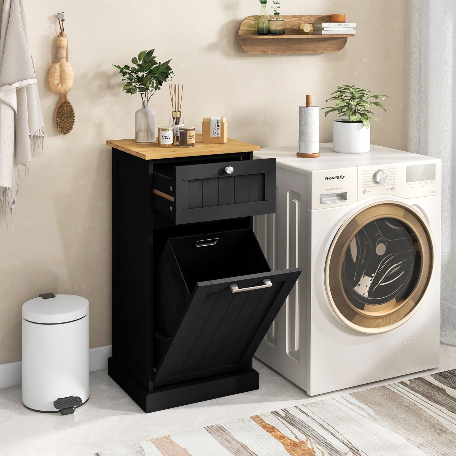 Laundry Cabinet with Basket Freestanding Tilt Out Laundry Hamper W/Dra ...