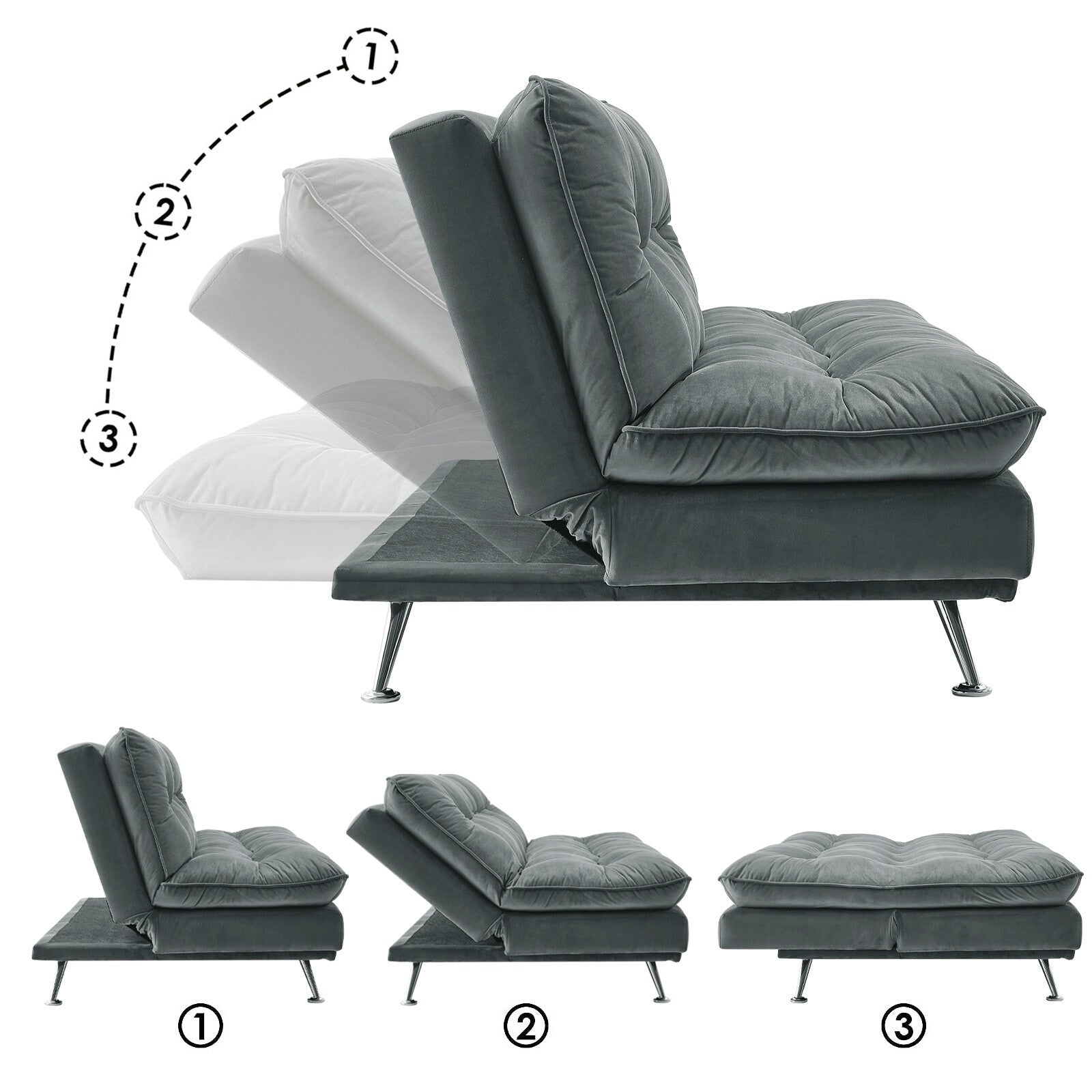 Click-Clack Recliner Large Velvet Sofa Bed Adjustable Couch Double Sle ...