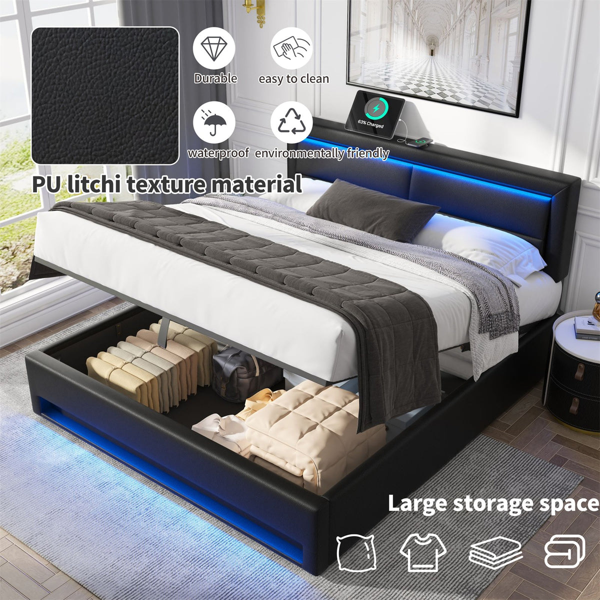 UPHOLSTERED OTTOMAN BED 4FT6 DOUBLE LED HYDRAULIC BED FRAME WITH STORA ...