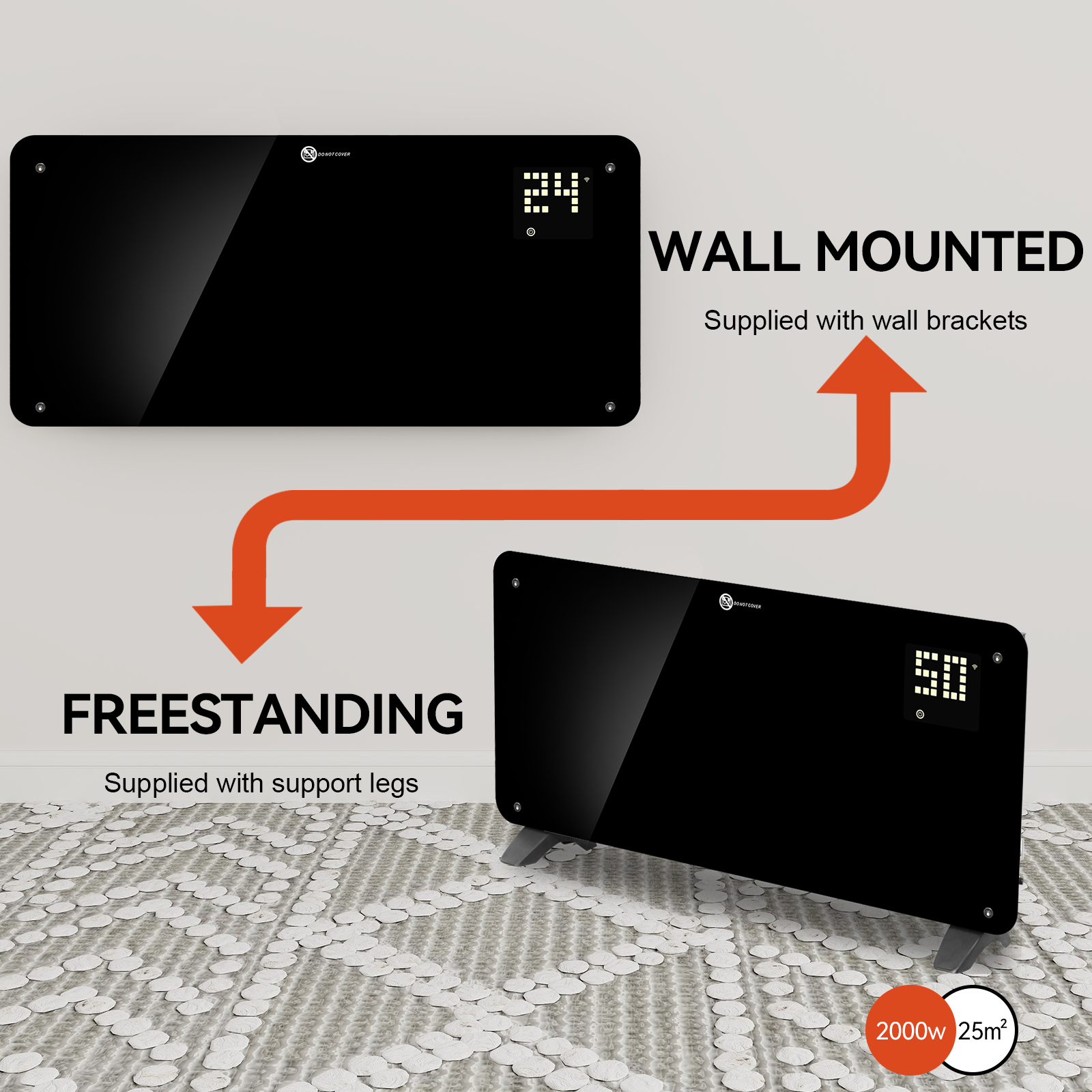 2000w Panel Heater Wall Mounted Glass Smart Panel Radiator APP Control ...