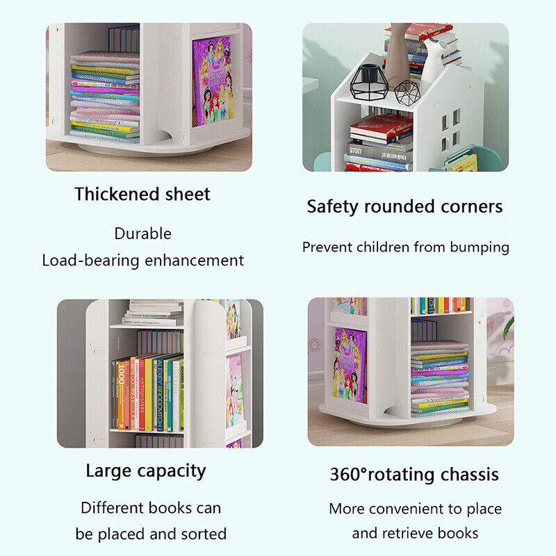 Rotating Bookcase Children Kids Book Shelf Rack Storage Bookshelf Tidy ...