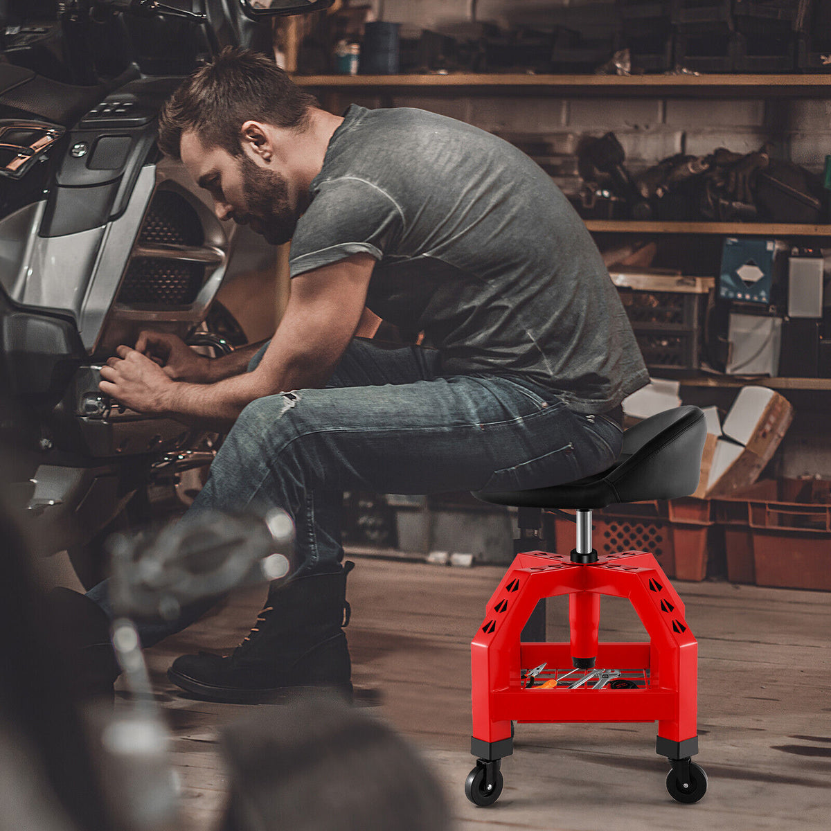 Rolling Seat Mechanic Stool Chair Height Adjustable Roller Work Chair ...