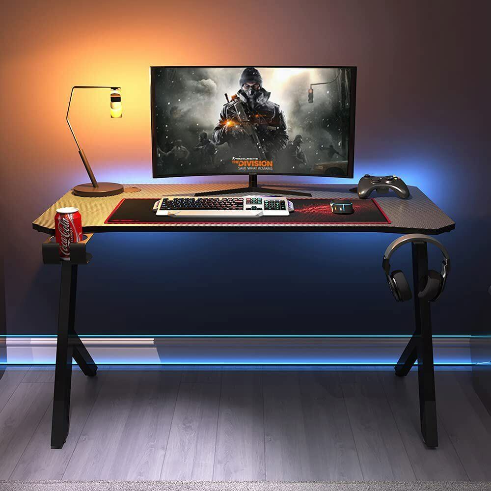 100cm LED Ergonomic Gaming Desk Computer Table with Cup Holder Cable M ...