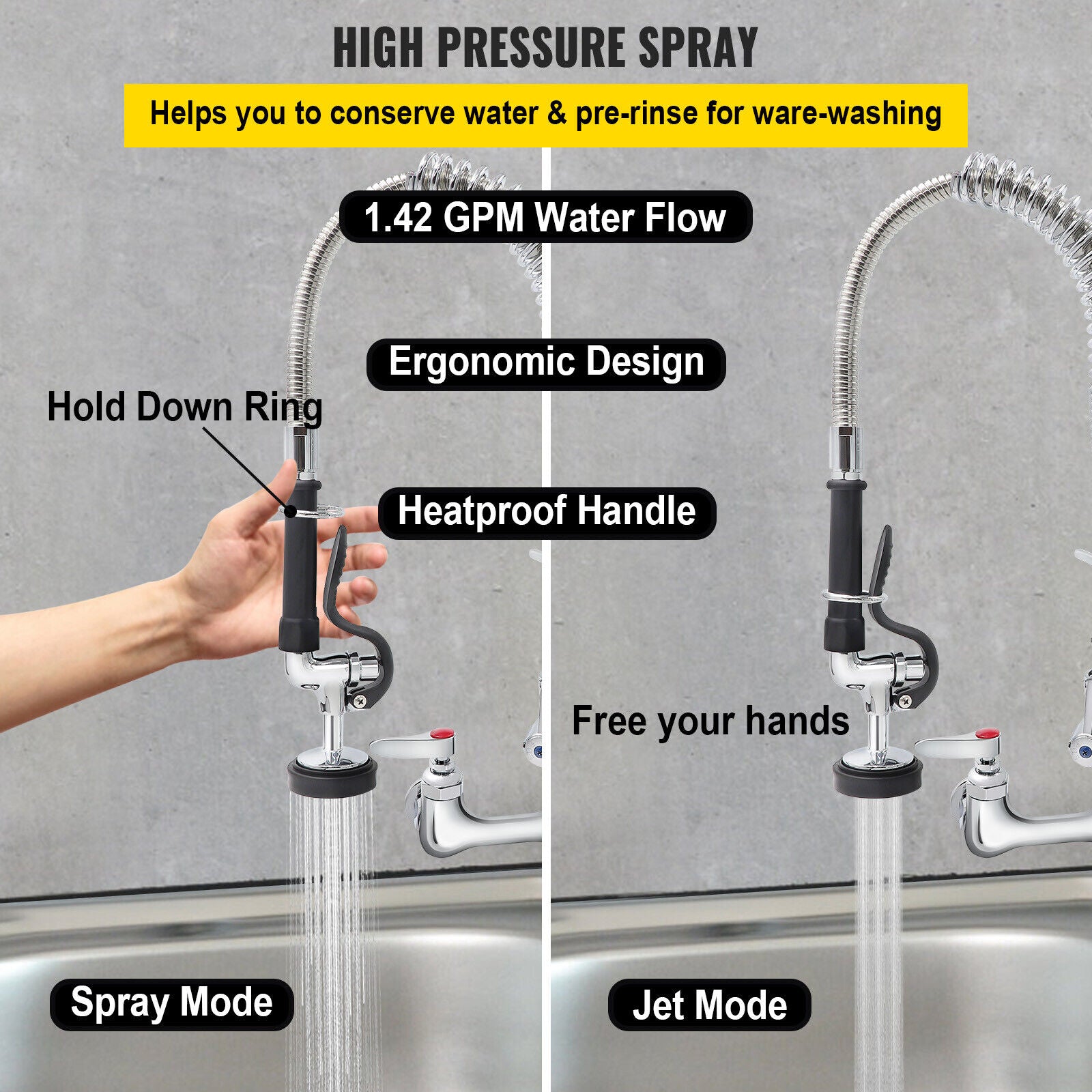 VEVOR Commercial Kitchen Pre-Rinse Faucet Spray Tap Arm Twin Pedestal ...