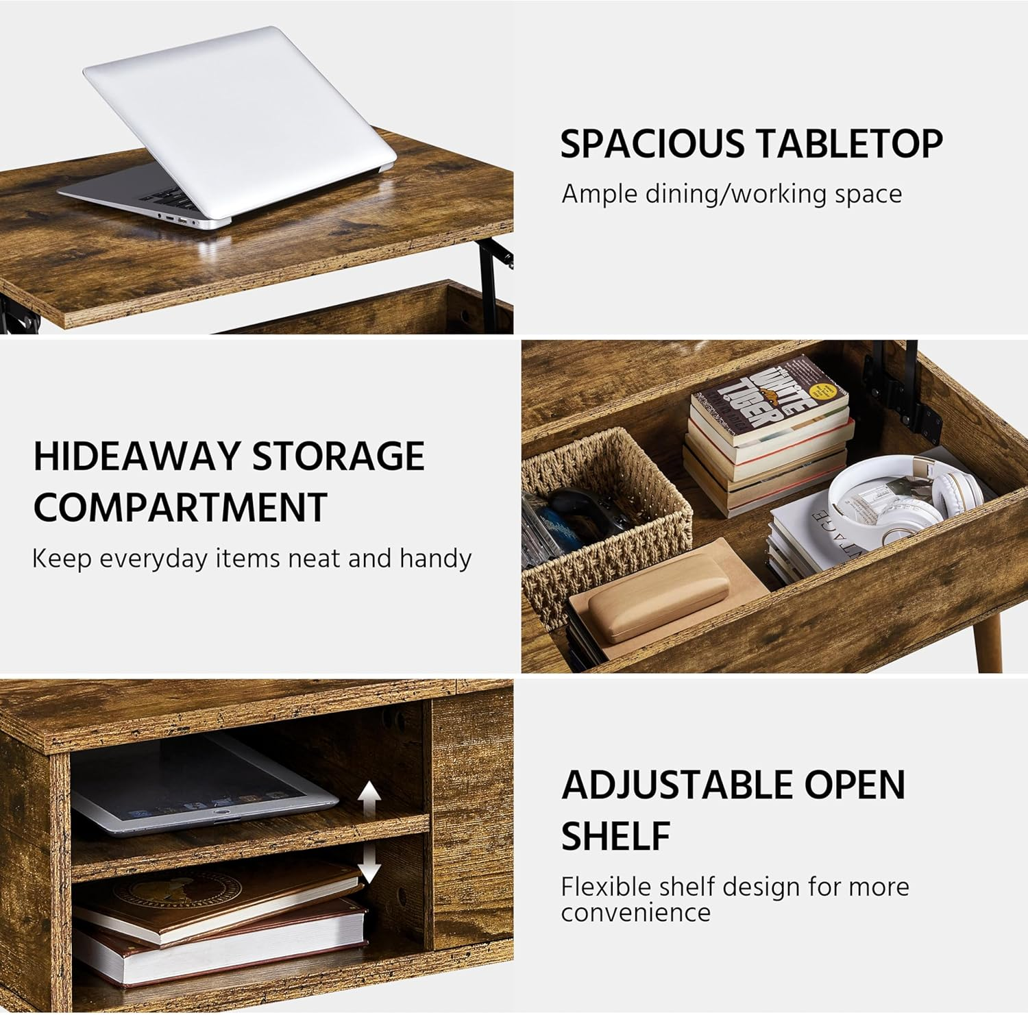 Coffee Table Lift Top Storage Shelf Living Room Rustic Brown Industria ...