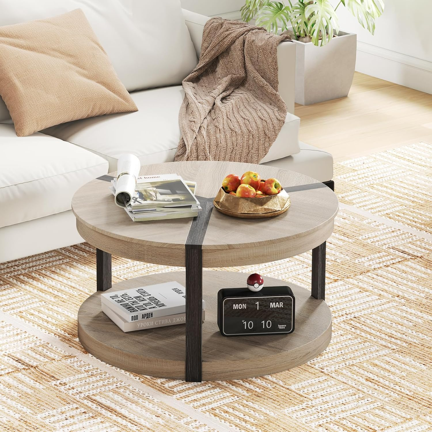 Coffee Table Round 2 Tier Storage Shelf Solid Rubber Wood Living Room ...