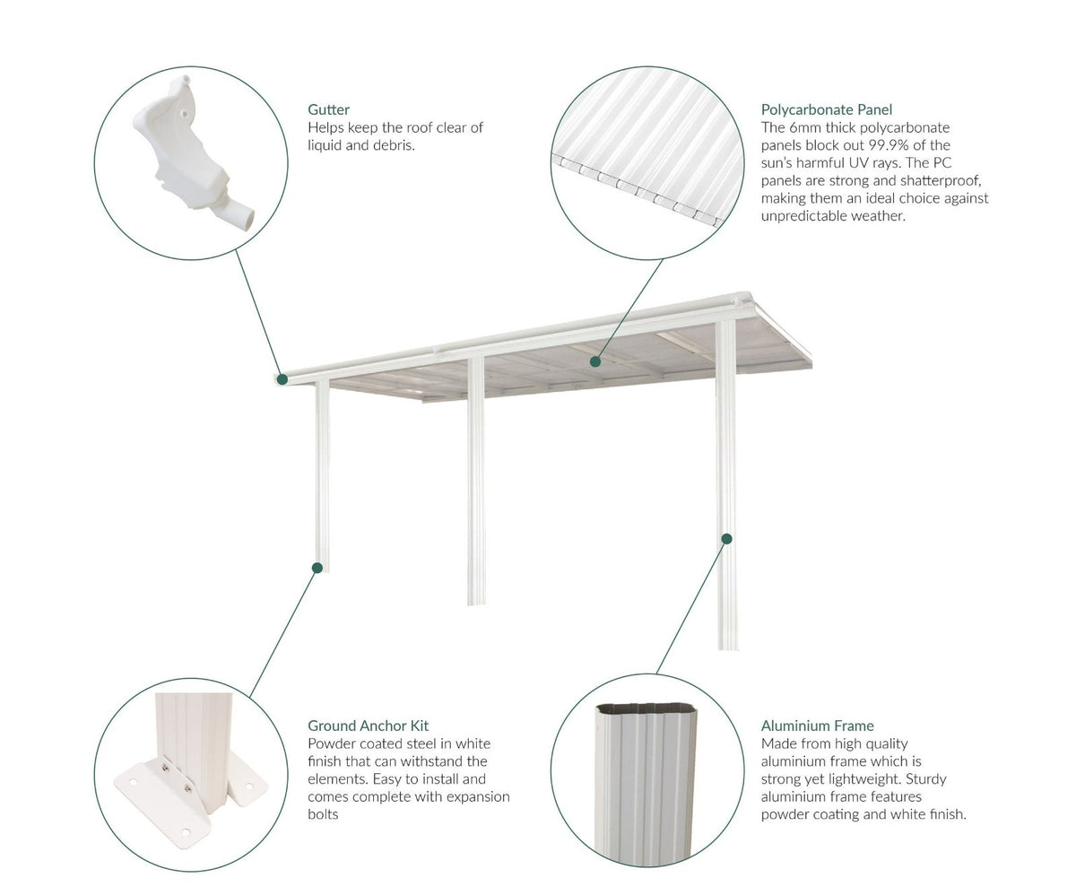 White Garden Veranda Car port Canopy Pergola Aluminium Lean to Wall 10 ...