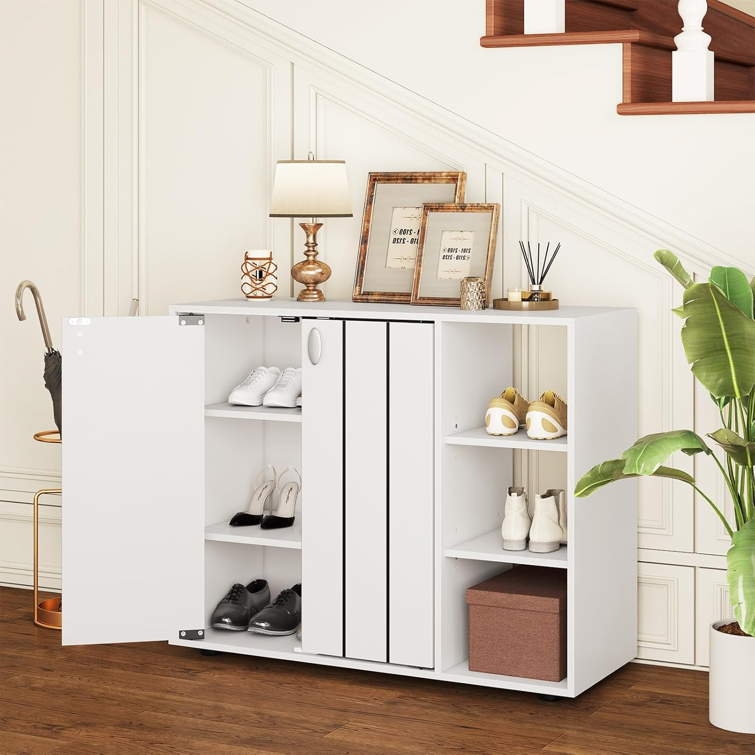 Shoe Cabinet Wooden White Storage Cupboard Double Doors Adjustable She ...