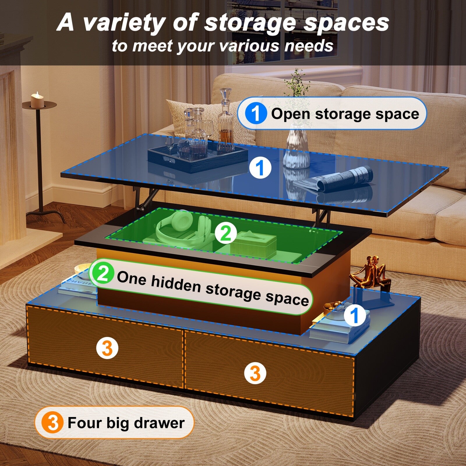 Lift Top LED Coffee Table with Storage Drawer Wooden Living Room Furni ...