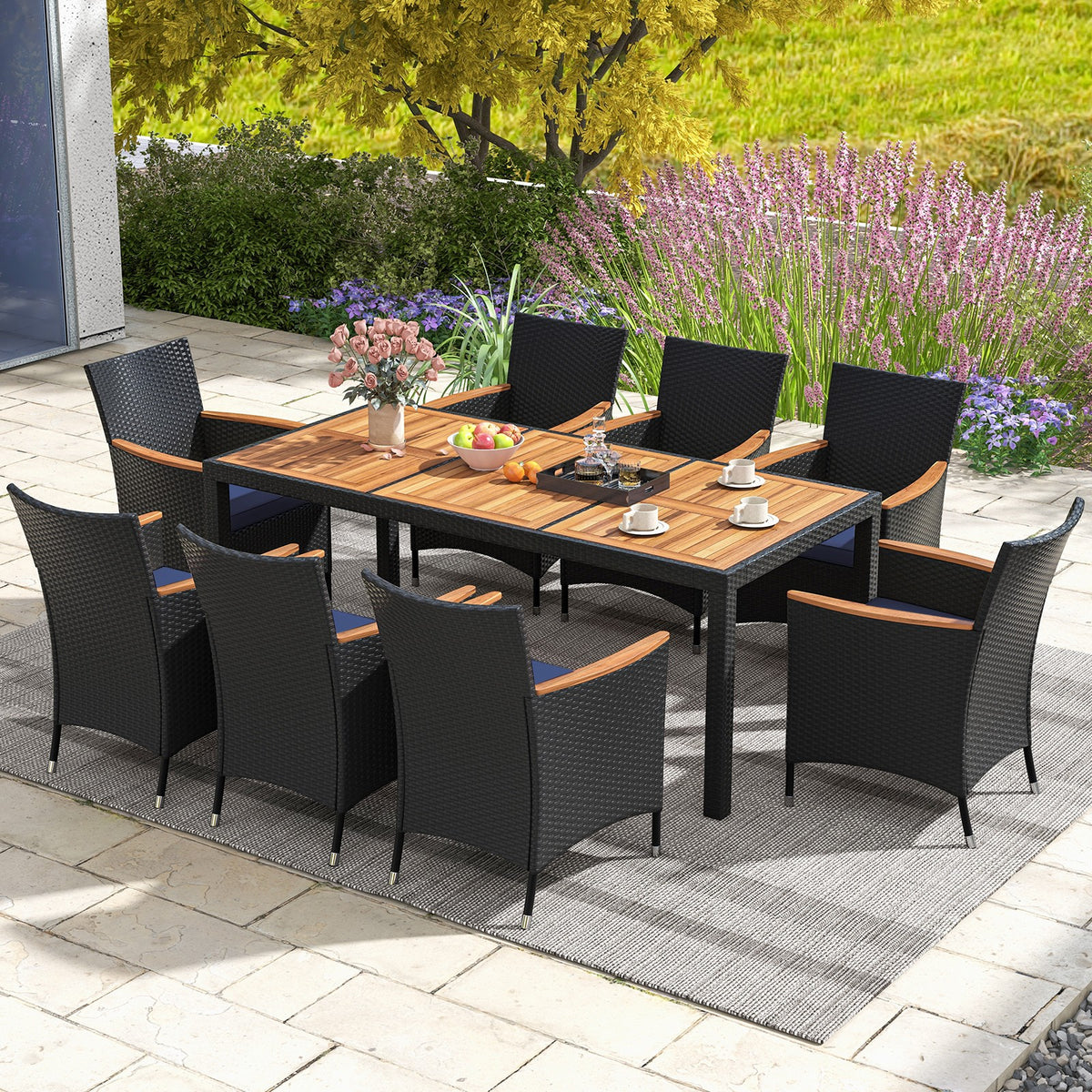 9 PCS Patio Dining Conversation Set with Umbrella Hole Seat Cushion Na ...