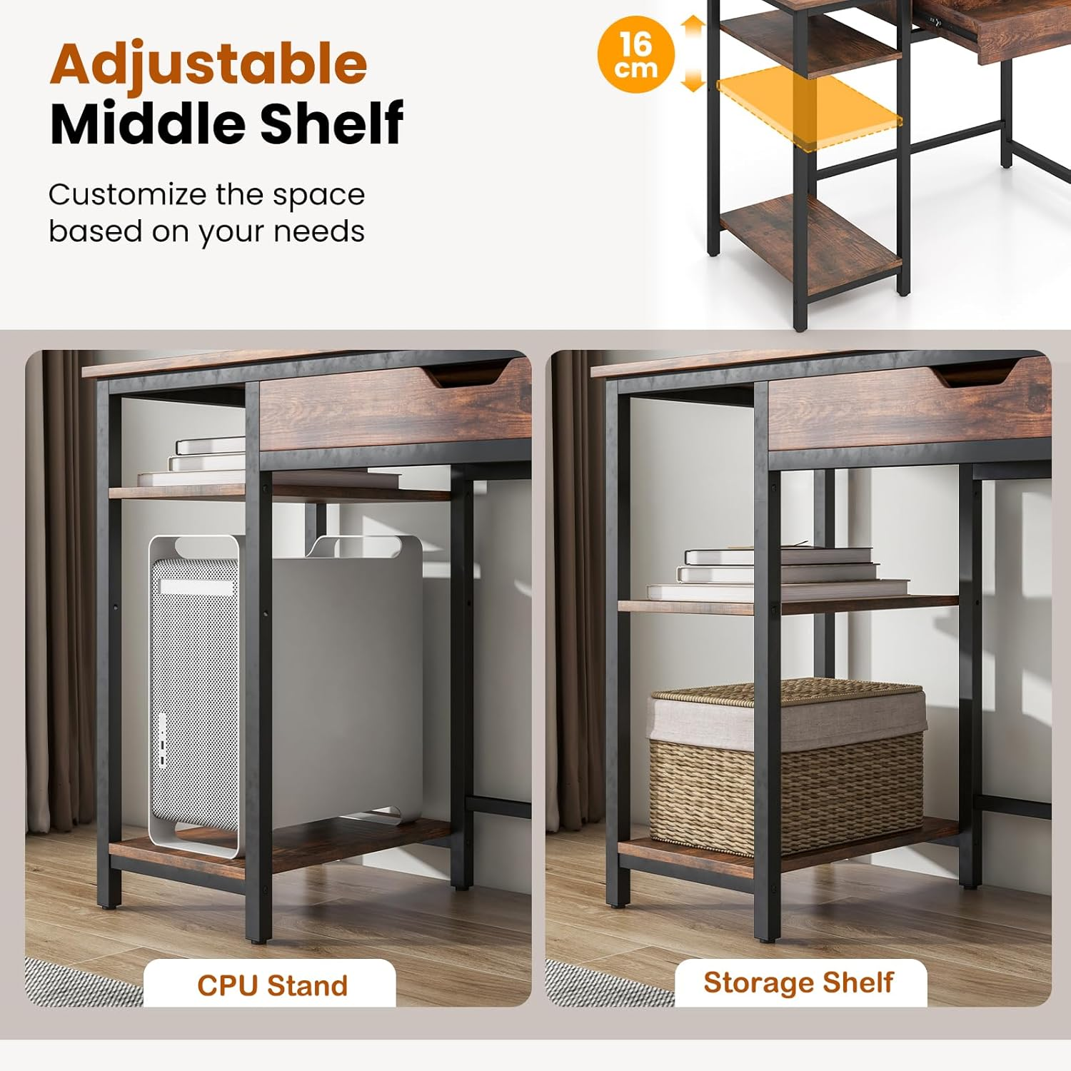 Computer Desk Drawer Adjustable Shelf Hooks Industrial Home Office Stu ...