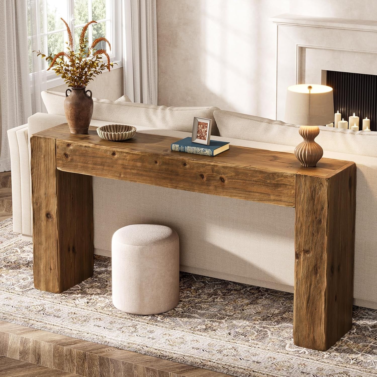 63-Inch Solid Wood Console Table, Farmhouse Entryway Sofa Table Behind ...
