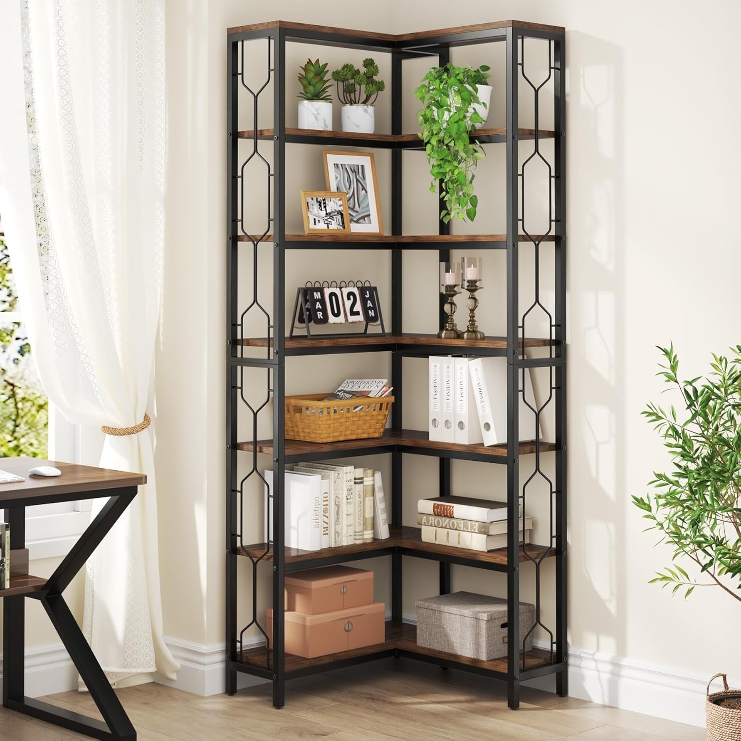 7-Tier Corner Bookshelf, Industrial Etagere Bookcase Freestanding Disp ...