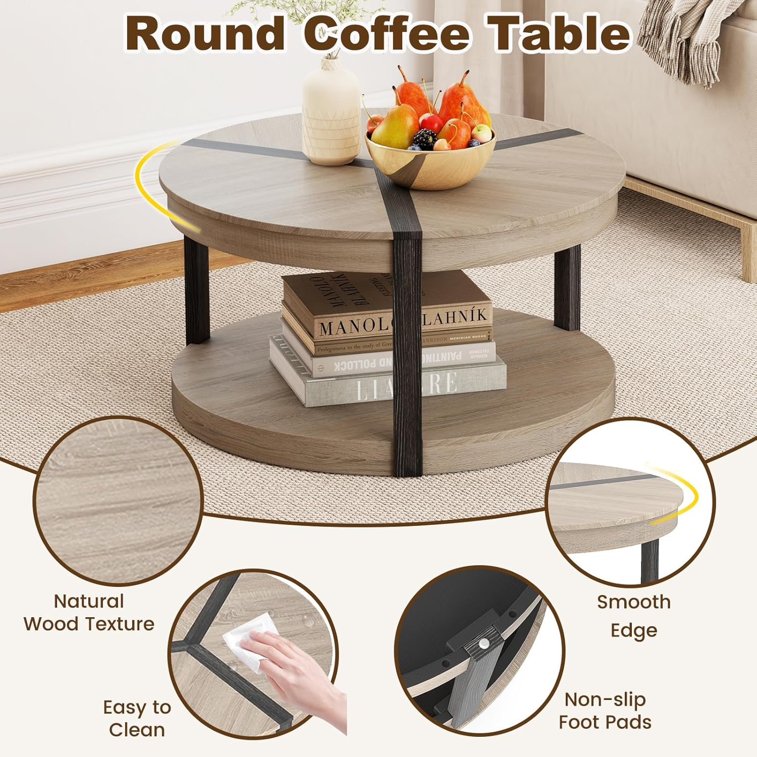Coffee Table Round 2 Tier Storage Shelf Solid Rubber Wood Living Room ...