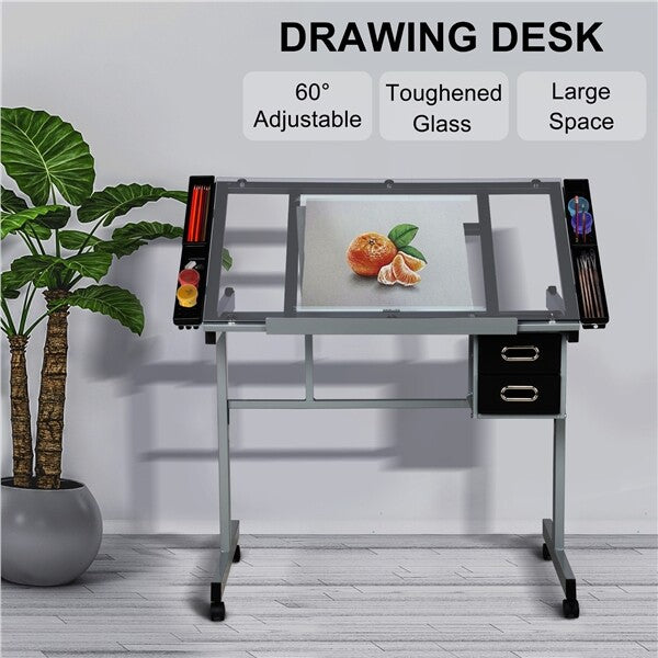 Rolling Drafting Table Angle Adjustable Drawing Artwork Desk with Glas ...