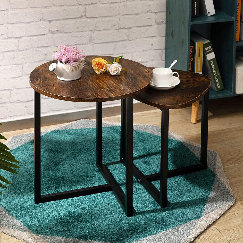 Vintage Round Triangle Nesting Table Set Coffee Table w/ Metal Frame L ...