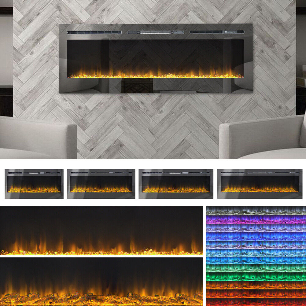 Black Glossy Tempered Glass Panel Electric Fireplace Inset/Wall Mounte ...