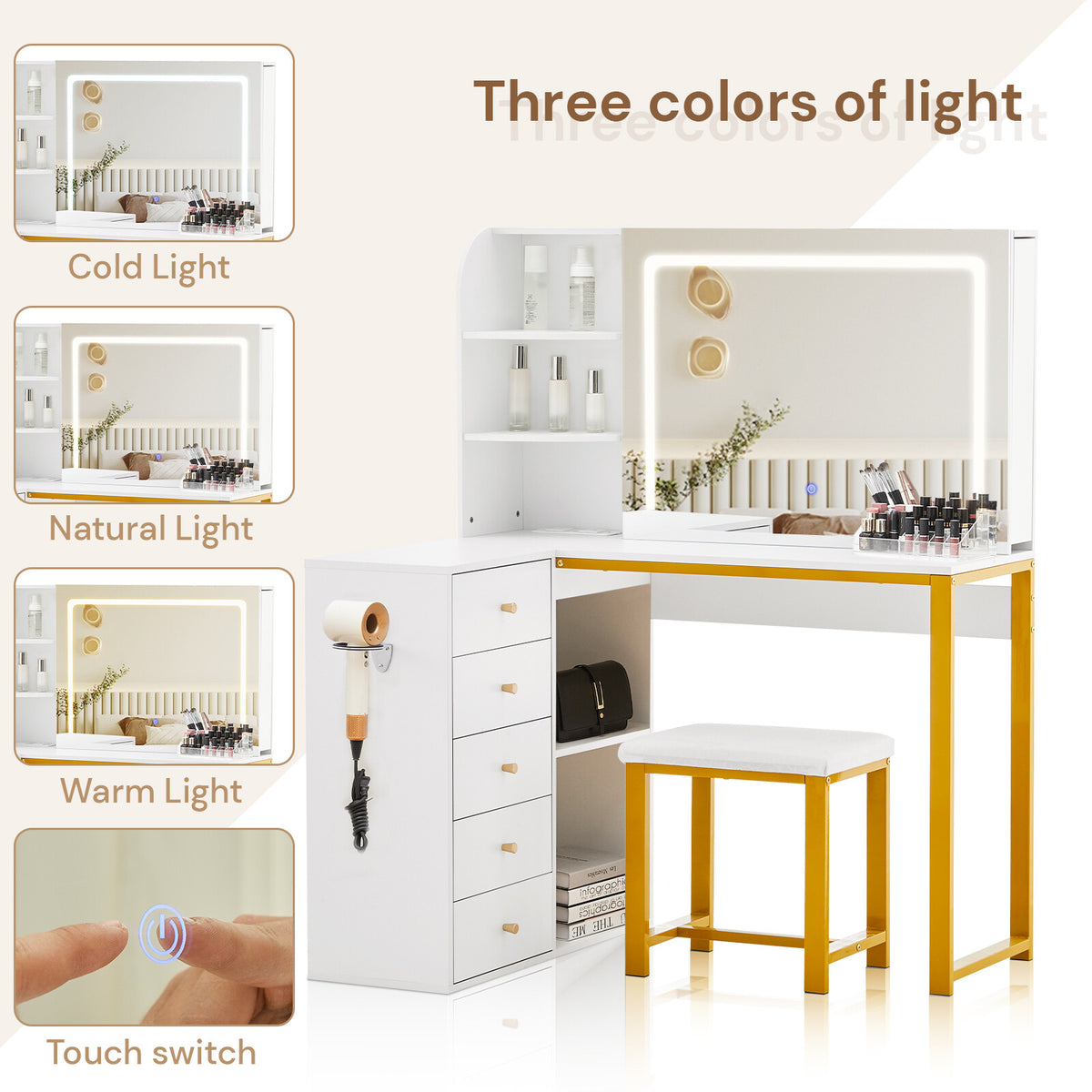 LED Light Dressing Table with 5 Drawers and 3 Open Shelves Vanity Tabl ...
