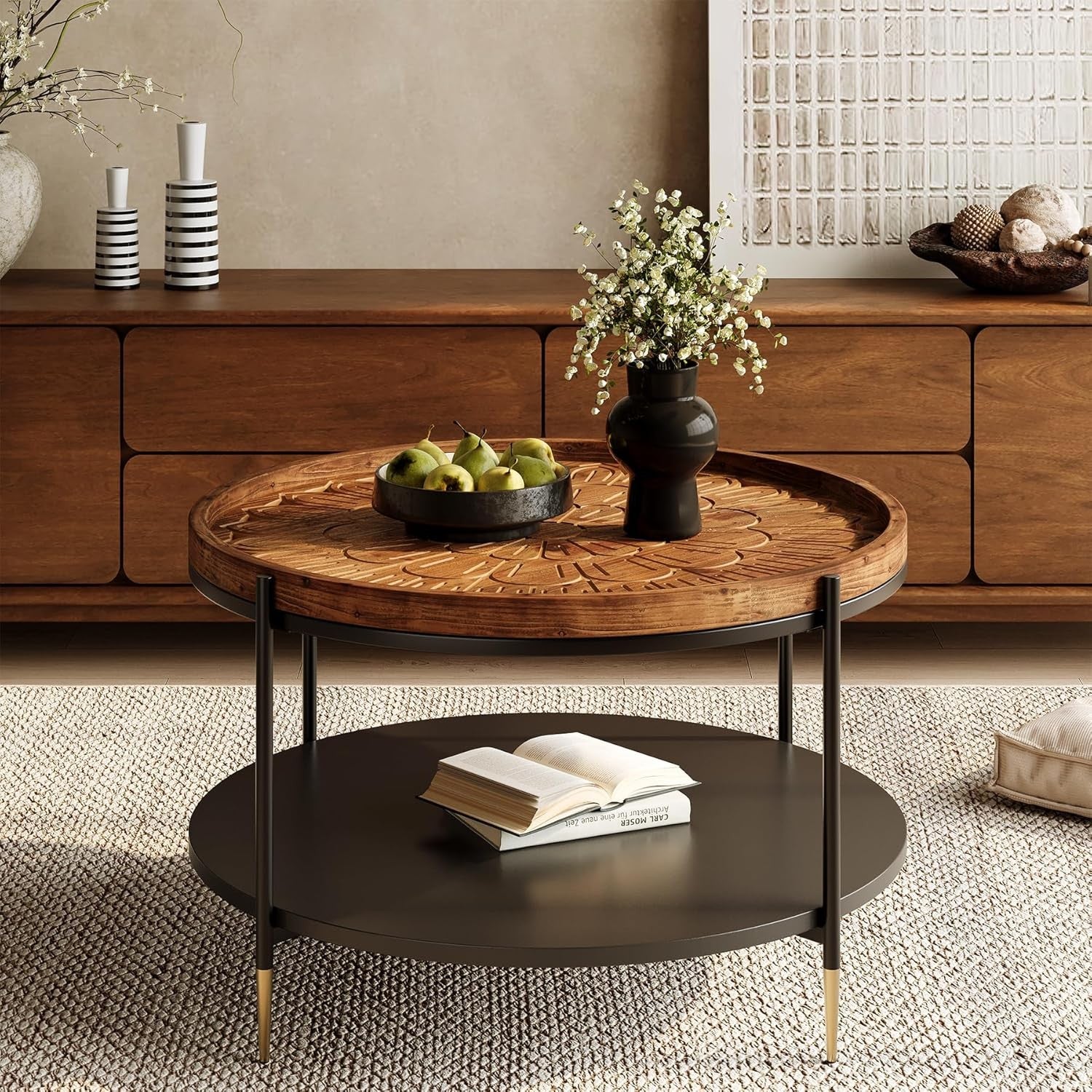 Solid Wood Round Coffee Table, 31.5-Inch Boho Center Tea Table with Me ...
