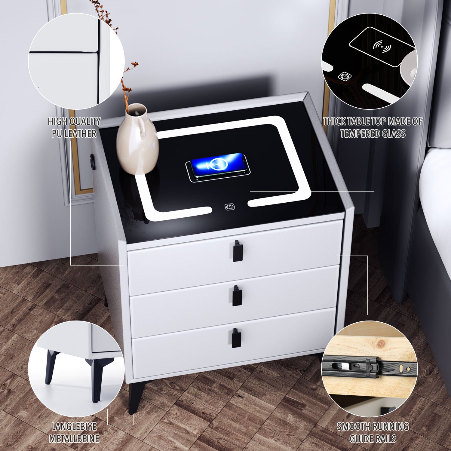 LED Bedside Table with 3 Drawers Wireless Charging Side Cabinet Nights ...