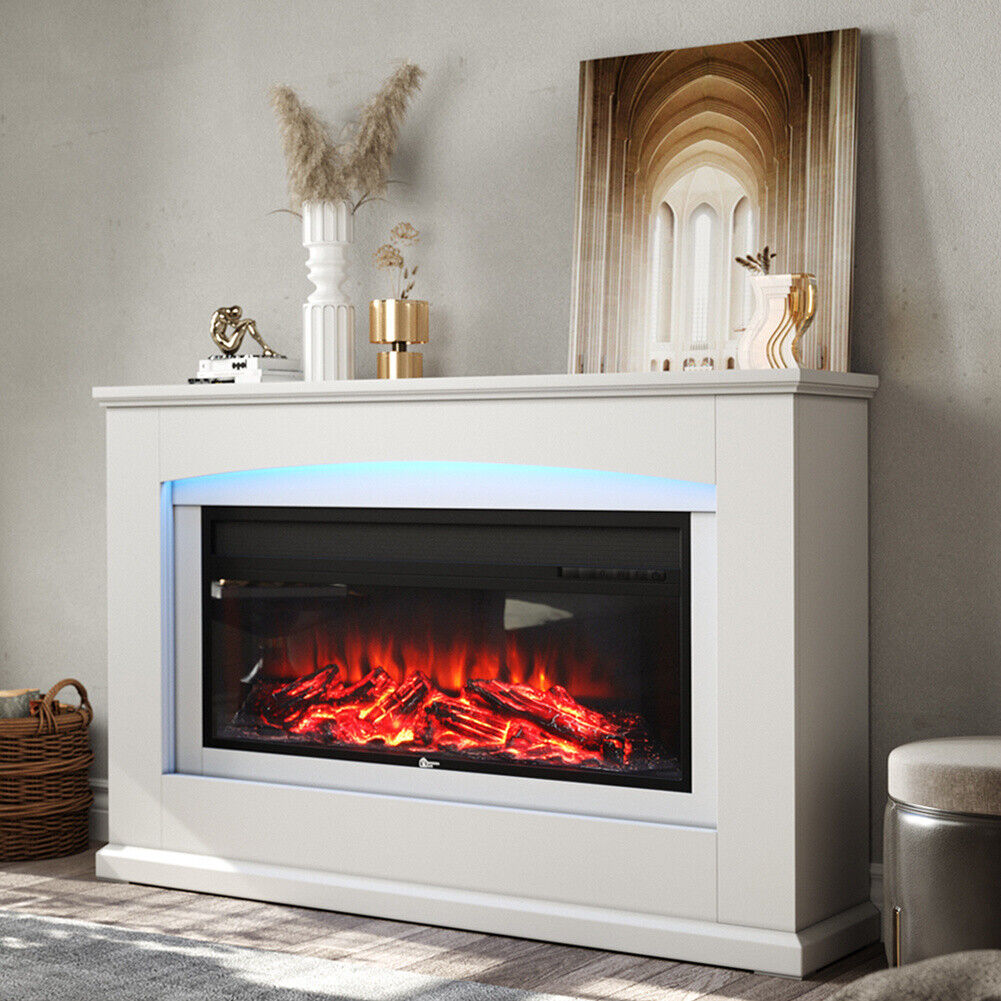 34" Electric Fireplace Fire Freestanding Mantelpiece Heater White Surr ...