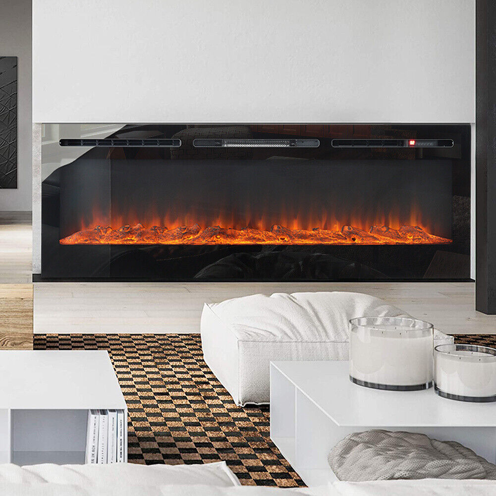 Black Glossy Tempered Glass Panel Electric Fireplace Inset/Wall Mounte ...