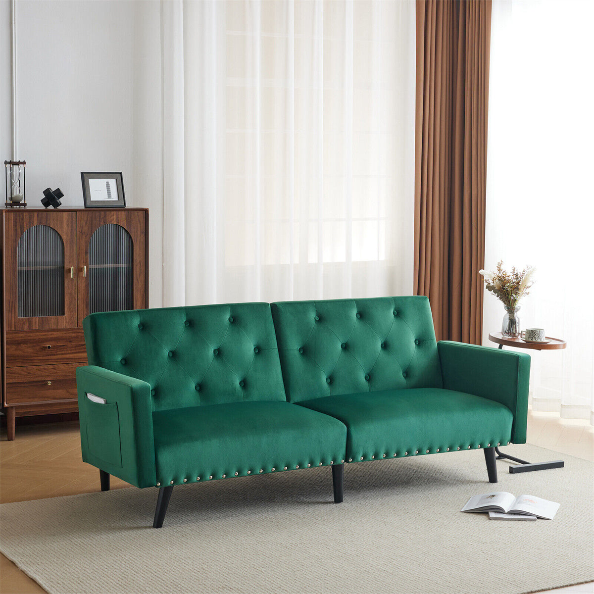 3 Seater Click Clack Sofa Velvet Mid Century Modern Couch with Solid W ...
