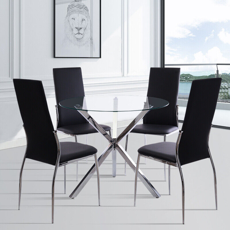 90cm Round Tempered Glass Dining Table & Chrome Legs Modern Kitchen Fu ...