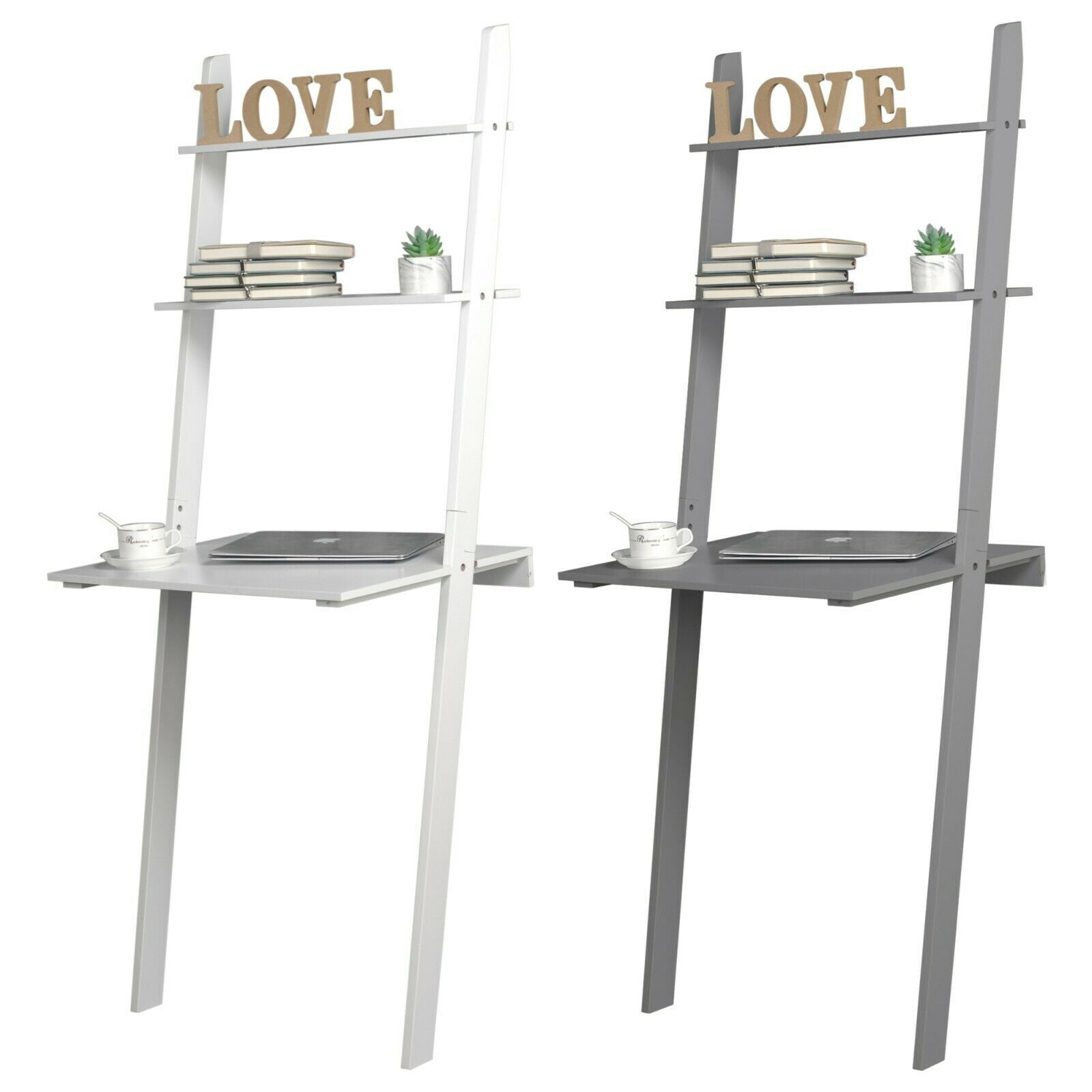 White Or Grey Ladder Desk 2 Shelf Wooden Bedroom Computer Table Work ...