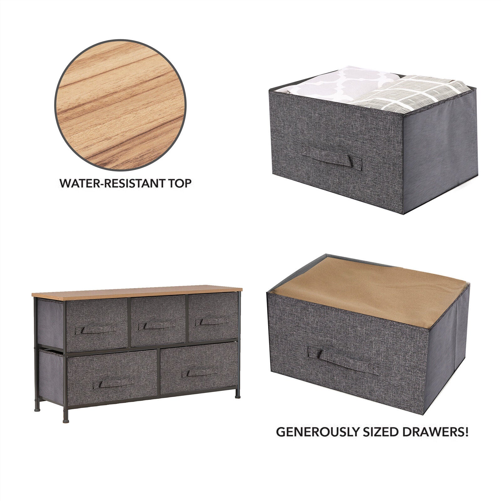 Fabric Chest of 5 Drawers Cabinet Storage Unit Bedside Table Organiser ...