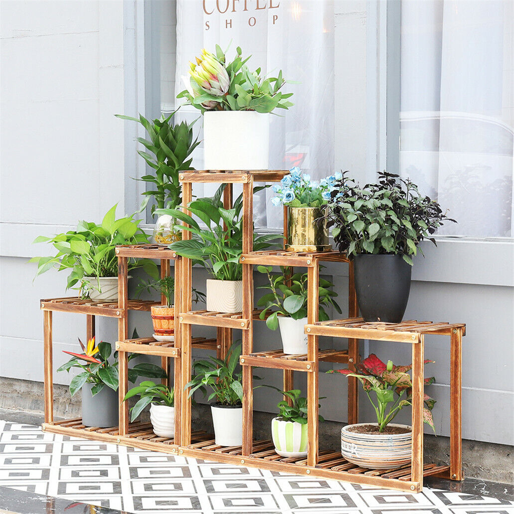Wooden Corner Plant Stand 10 Tier Solid Flower Pots Display Shelf Gard ...