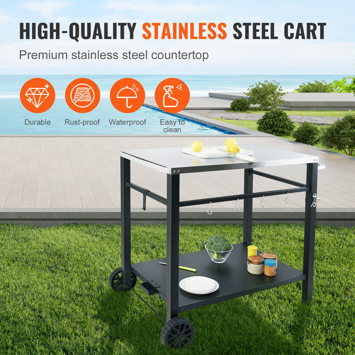 Outdoor Grill Dining Cart Double-Shelf BBQ Movable Food Prep Trolley P ...