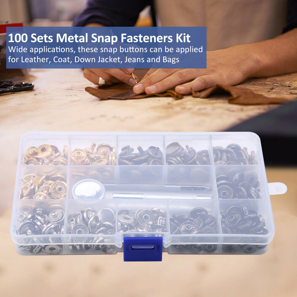 Metal 100Sets Snap Fasteners Poppers Press Stud Kit Buttons with Fixin ...