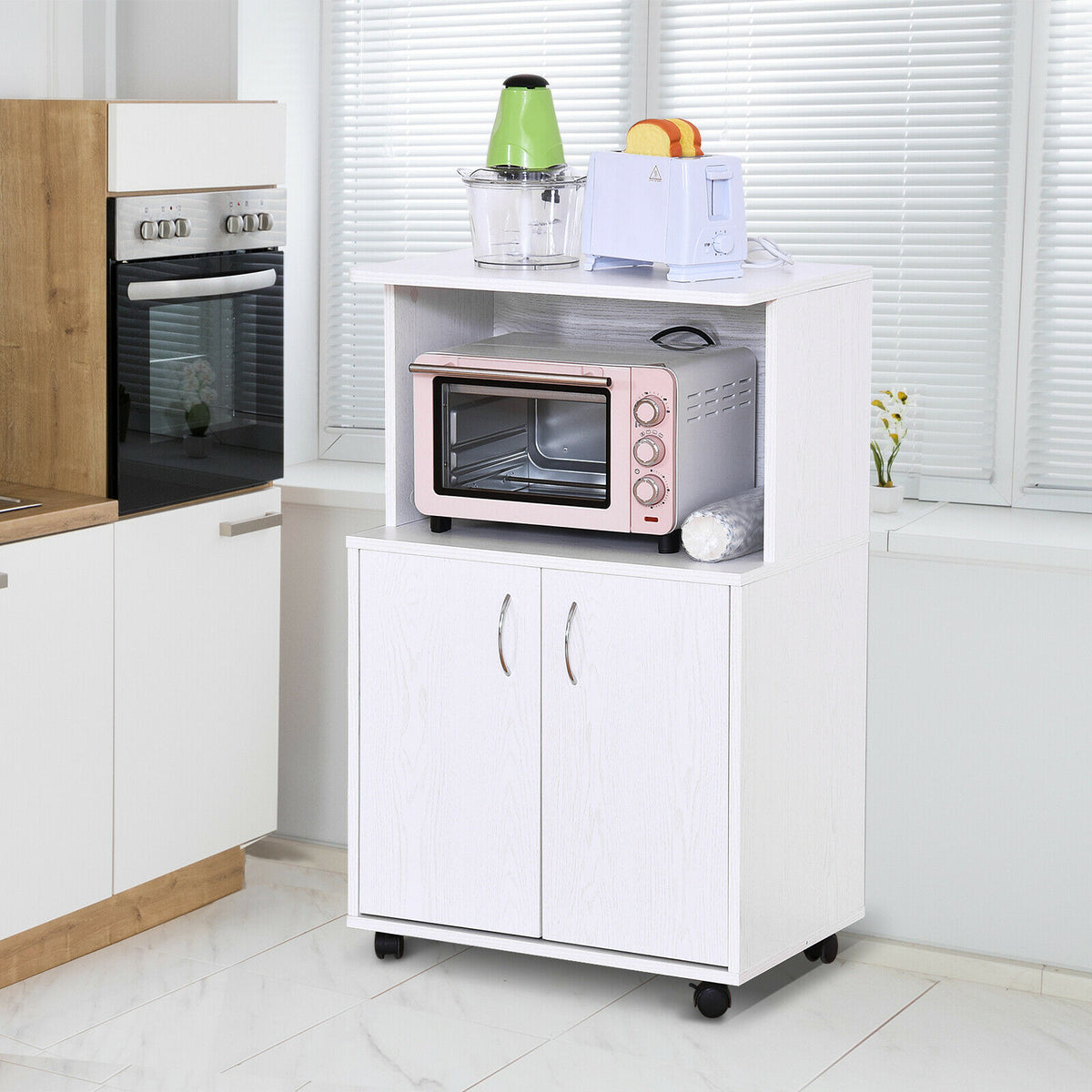 Rolling Kitchen Trolley Microwave Cart 2-Door Cabinet Storage Shelves ...