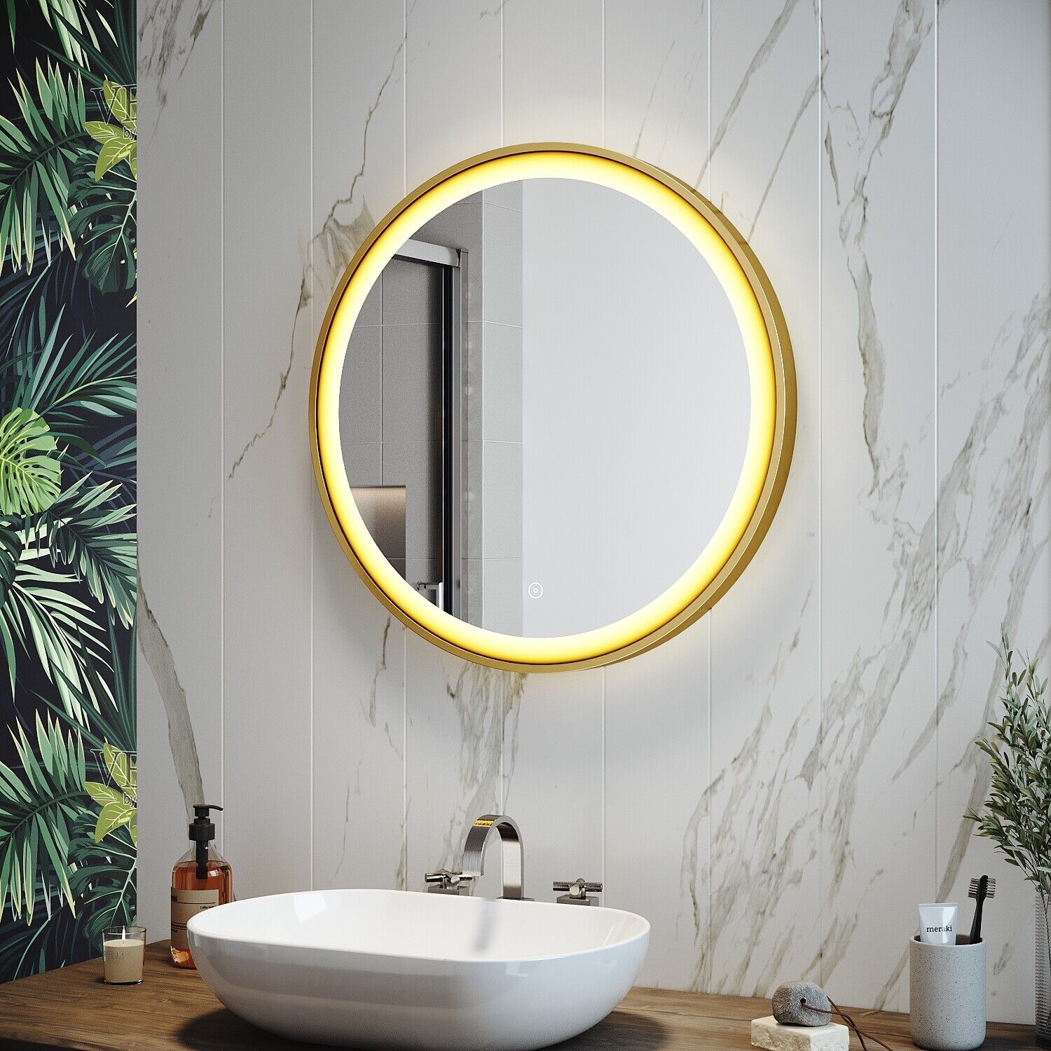 Wall Mounted LED Bathroom Mirror with Warm Lights Demister Gold Frame ...