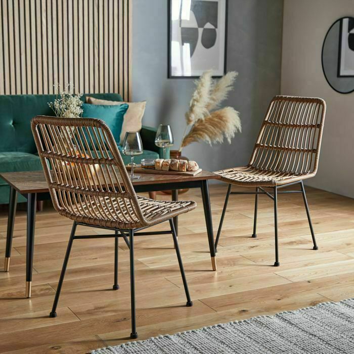 Rattan Boho Dining Chairs Set of 2 Black Metal Legs Dining Room Seats Quildinc