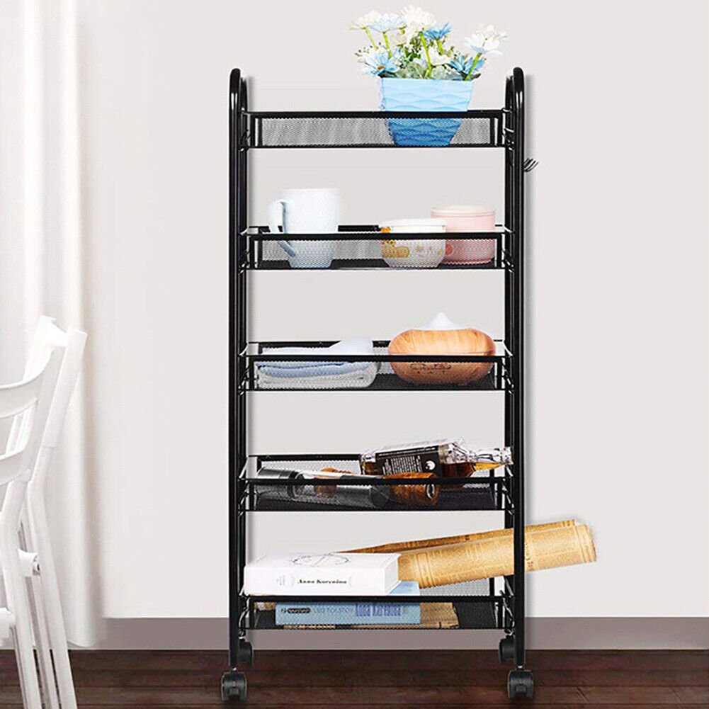 5 Tier Large Kitchen Trolley Cart Rolling Mesh Storage Rack Trolley wi ...