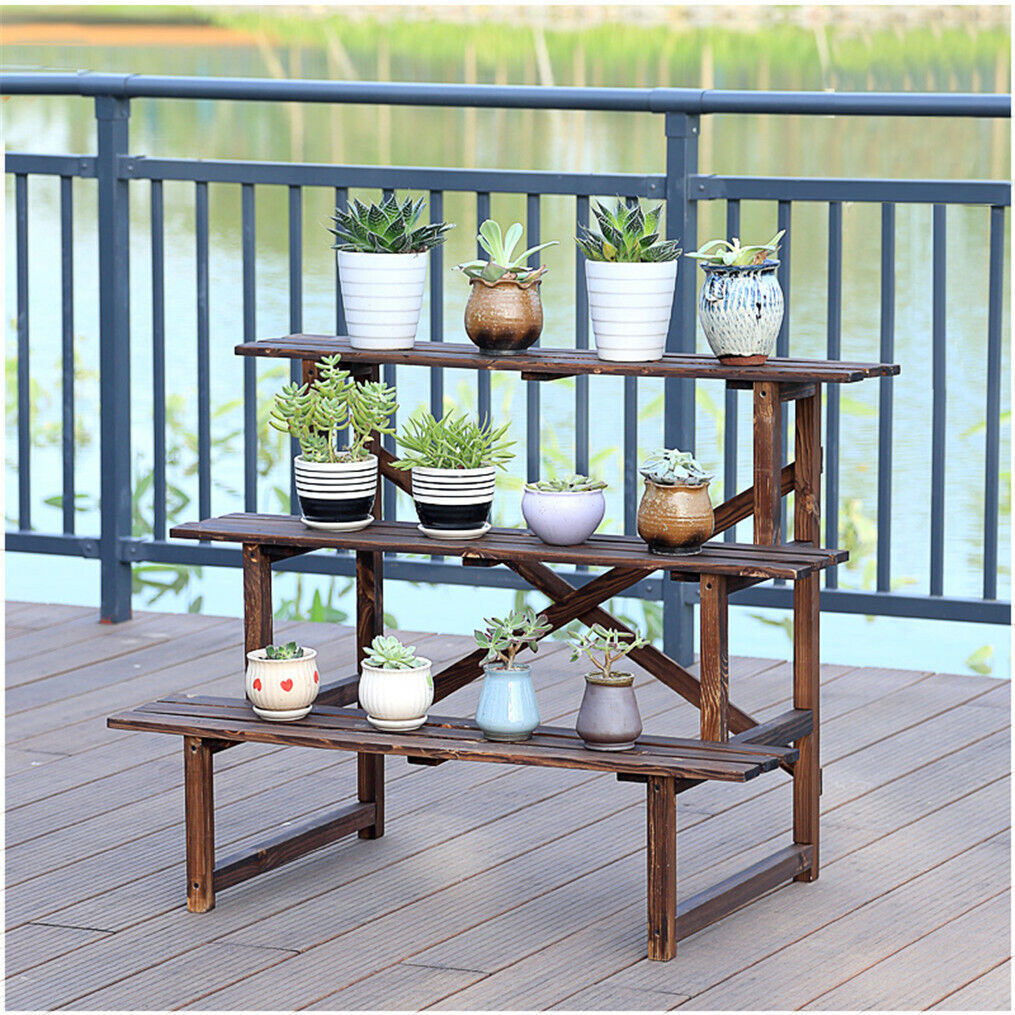 Flower Steps 3 Tier Wooden Plant Ladder Stand Lightweight Wood Garden ...