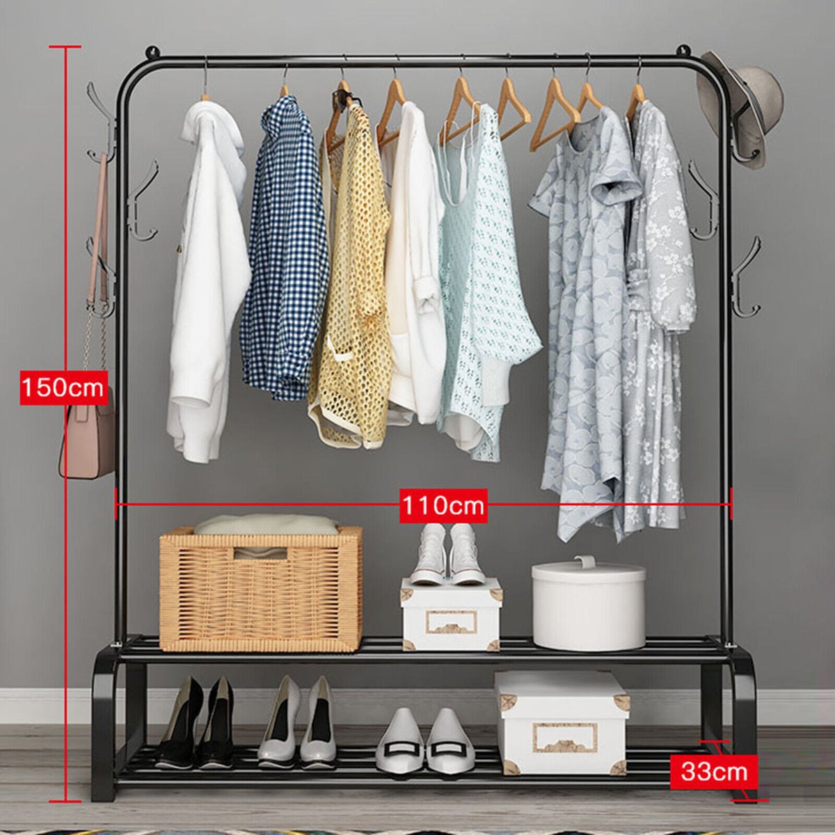 Black Metal Clothes Rail Heavy Duty Garment Hanging Rack Shop Use Disp ...